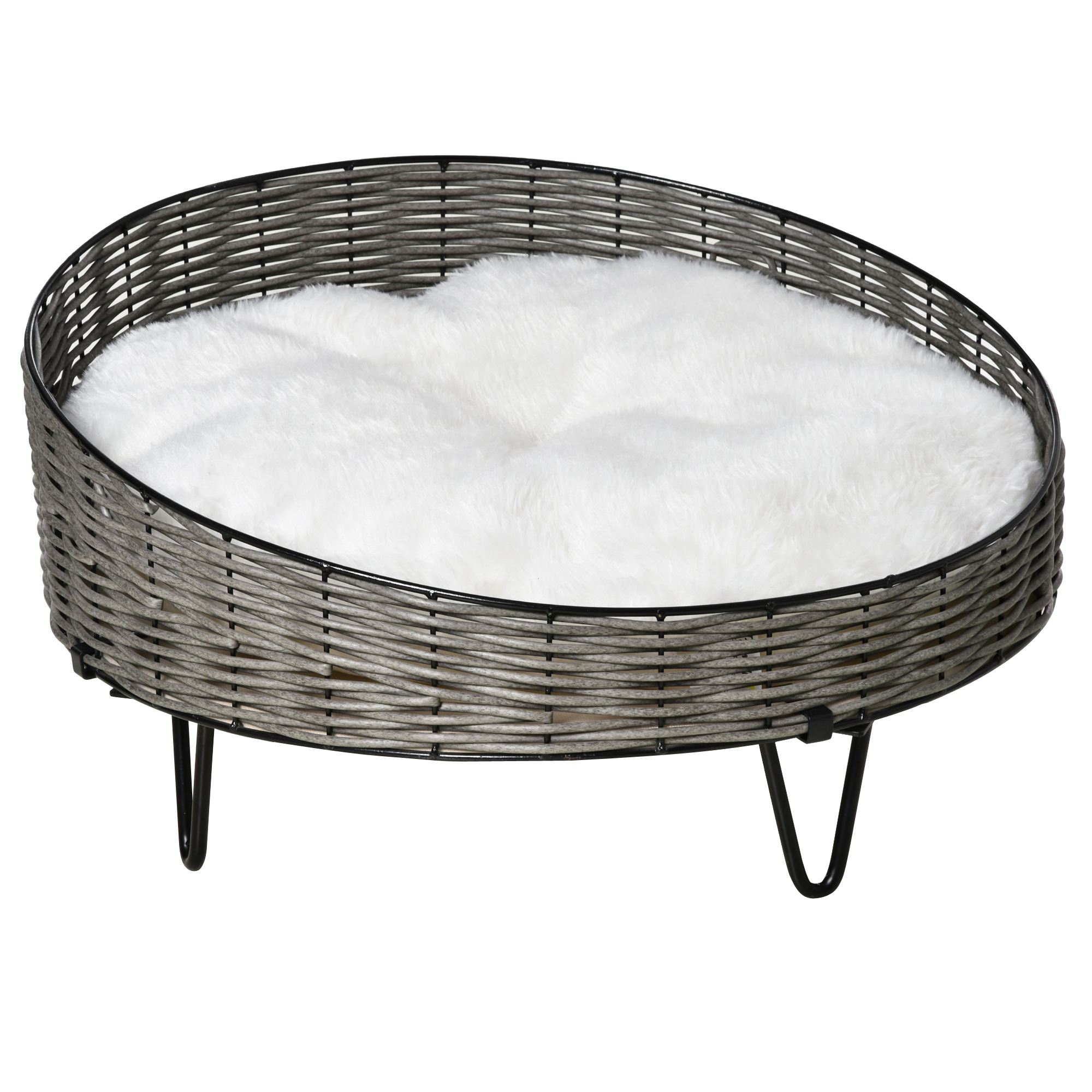 Cuccia per Cani e Gatti Rialzata Ø60x32 cm in Rattan Grigio Scuro
